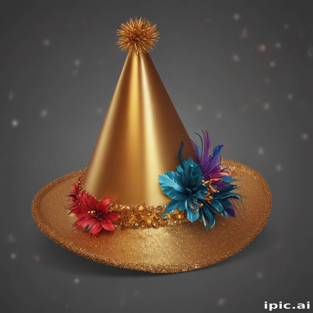A Festive Golden Party Hat Adorned with Colorful Flowers and Sparkles.