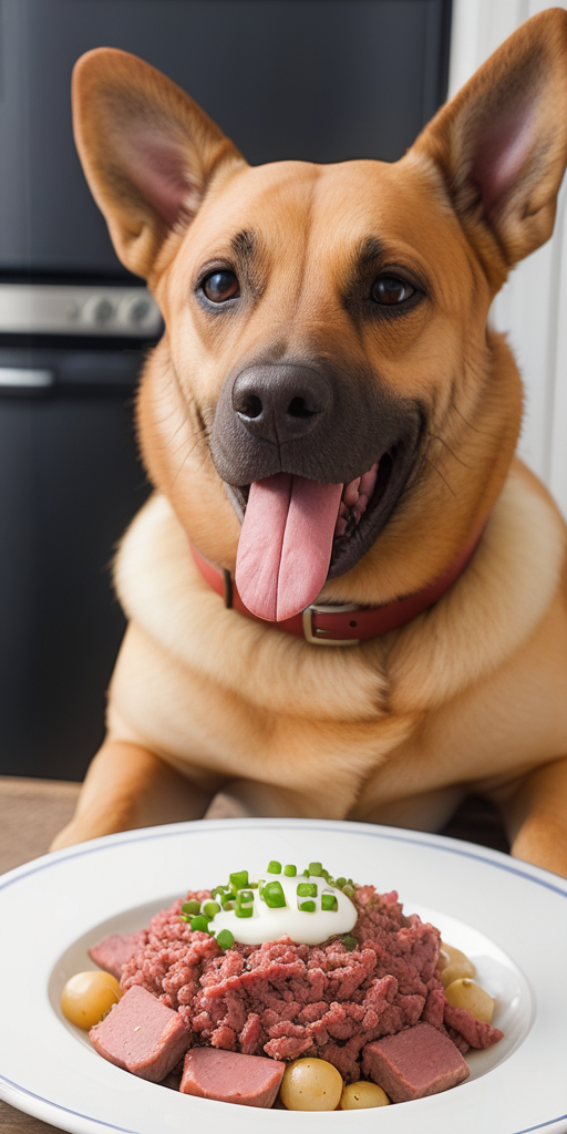 Delightful Dog Enjoying a Gourmet Meal with Tasty Ingredients and Garnish