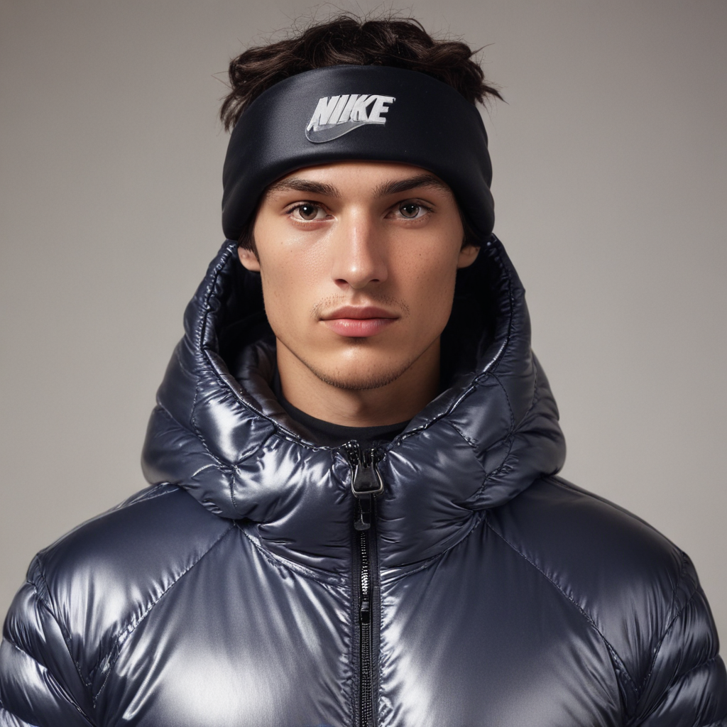 Male supermodel nike shiny puffer jacket bling jewellery hood headband