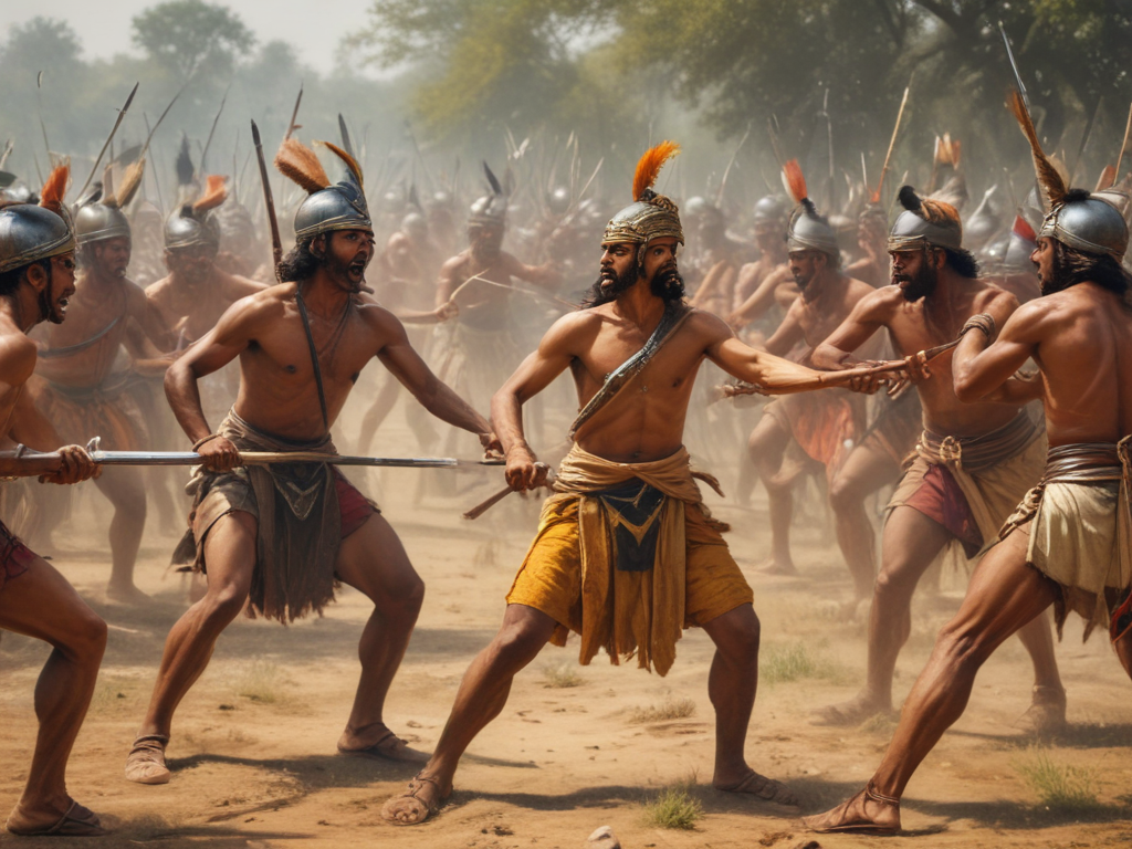 Ancient Indian Army fighting with sticks and swords