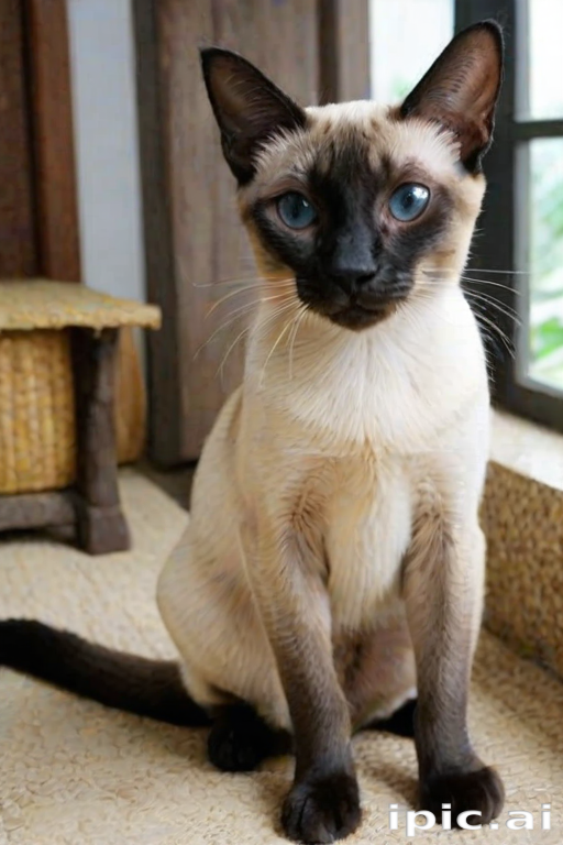 A Beautiful Siamese Cat Sitting Gracefully Near a Window in Natural Light.