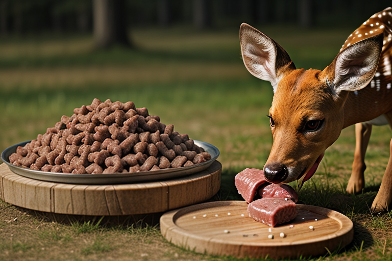 A Deer Enjoying a Feast of Kibble and Fresh Meat Treats Outdoors