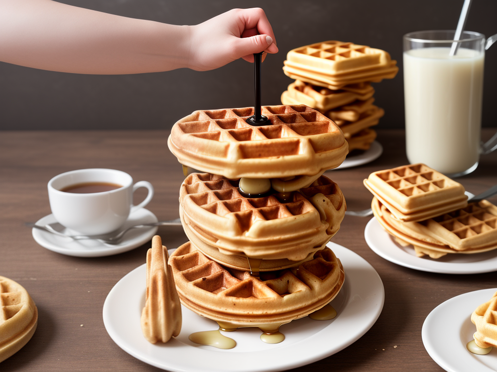 Delicious Stacked Waffles Drizzled with Syrup Next to Coffee and Milk