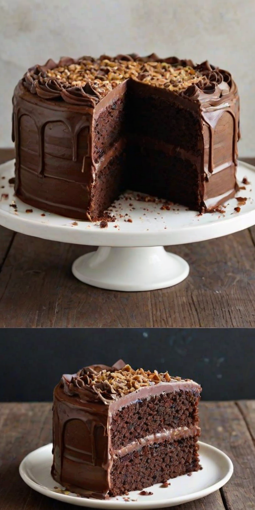 Deliciously Rich Chocolate Cake with Layered Frosting and Nut Topping.