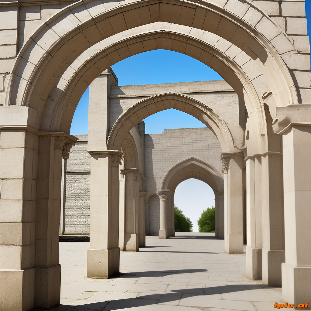 Elegant Stone Arches Framing a Serene Outdoor Pathway Under Clear Skies