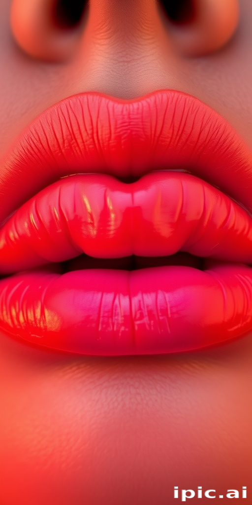 Close-Up of Glossy, Bold Red Lips Emphasizing Vibrant Color and Texture