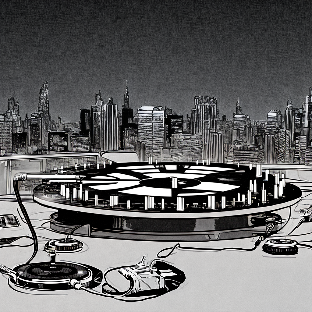 DJ'S FINGER ON DJ CONTROLLER IN HELIPAD ON A HIGH ROOFTOP. CLOSE-UP ...