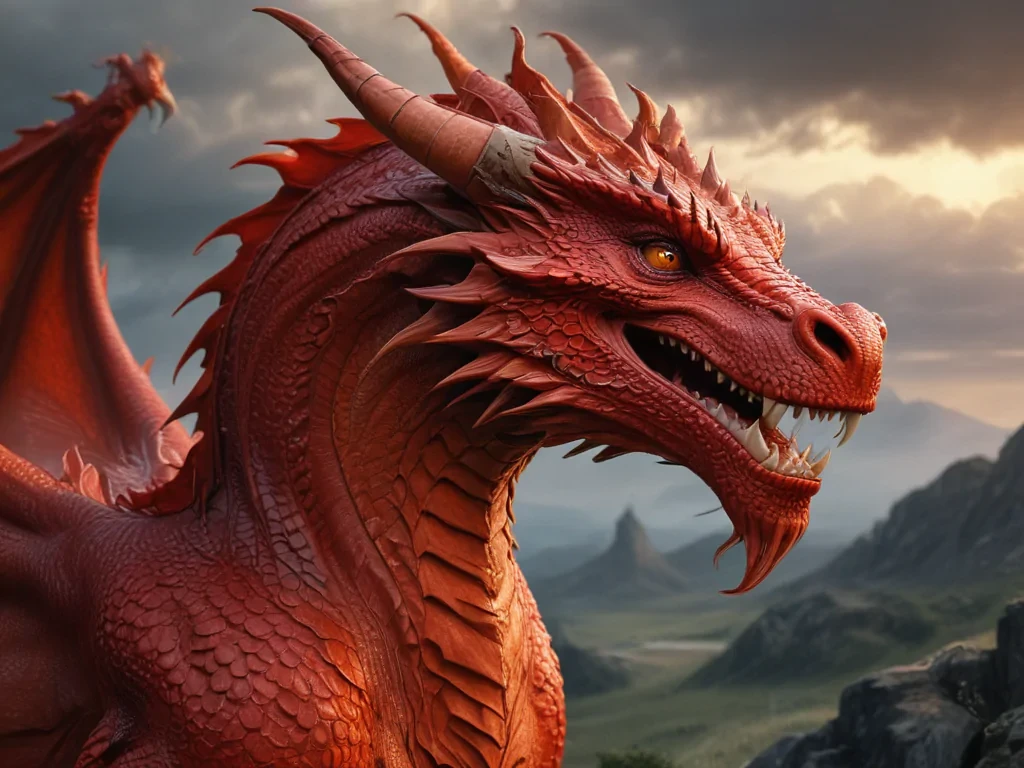 Majestic Red Dragon Roaring in a Dramatic Fantasy Landscape at Sunset