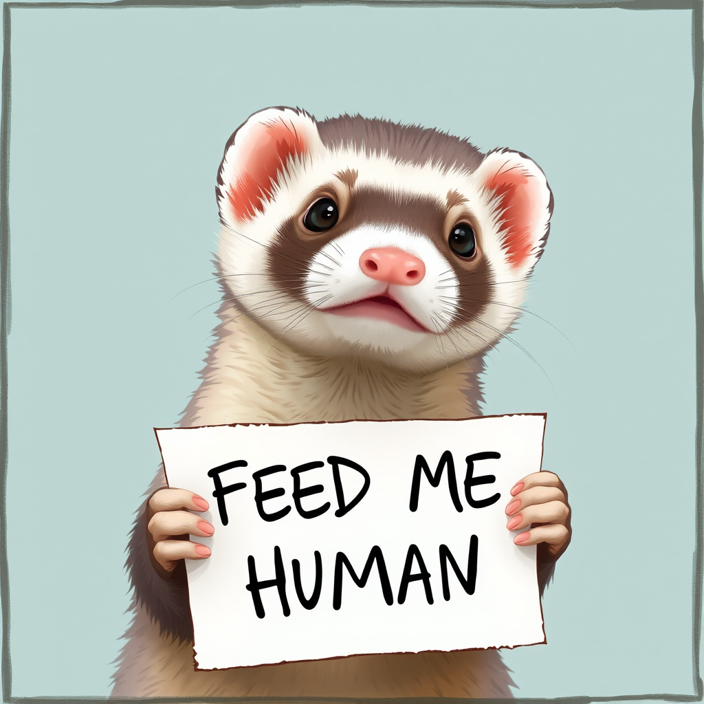 A Cute Ferret Holding a Sign Asking for Food from Humans