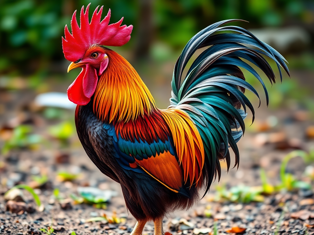 A Vibrant and Colorful Rooster Strutting Proudly in Nature's Splendor.