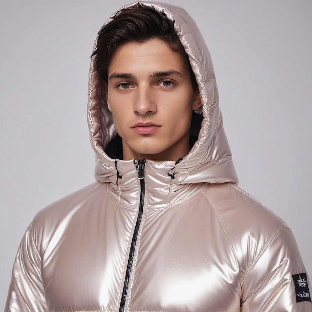 Male supermodel adidas shiny puffer jacket bling jewellery hood
