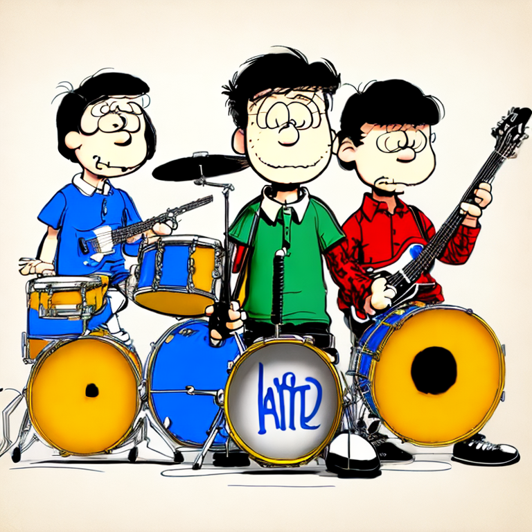 A cartoon drawing in the style of Peanuts of a rock and roll band.