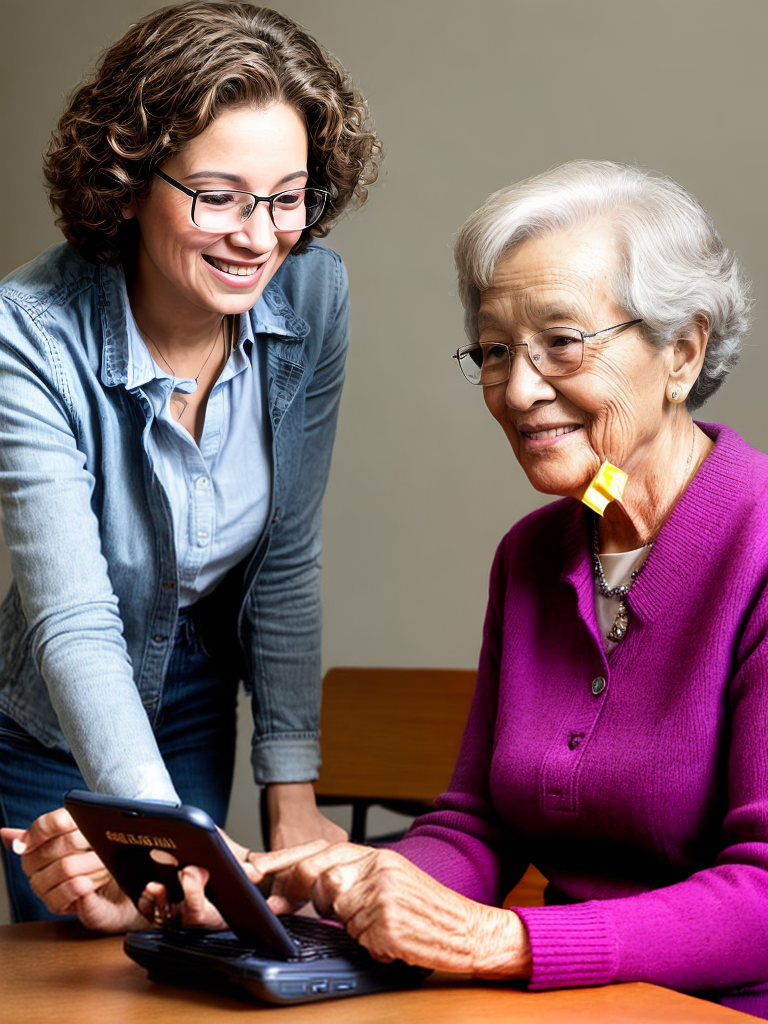 college student teaching a senior citizen how to use a mobile phone