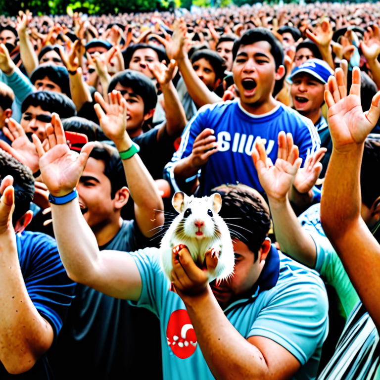 a crowd worshipping a hamster
