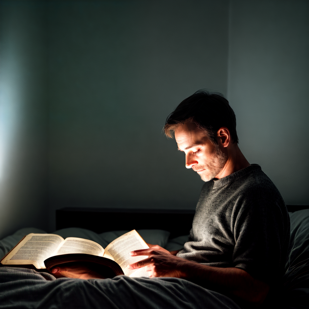 man reading the bible and being enlightened by it in a dark room on a bed