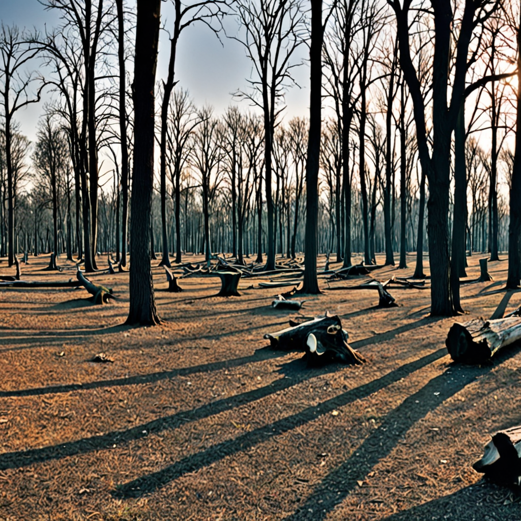 Dark and empty park with dead trees panoramic view