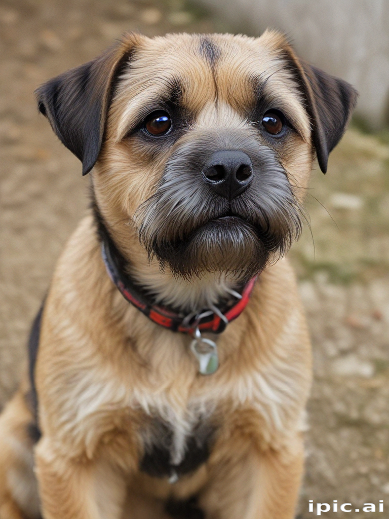 A Cute Dog with Expressive Eyes Sitting Outdoors on a Pathway.