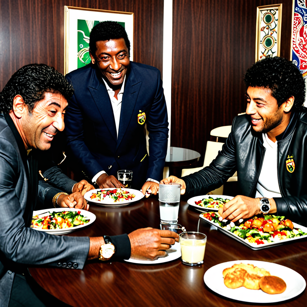 Pelé having lunch with Maradona and Neymar with Zidane