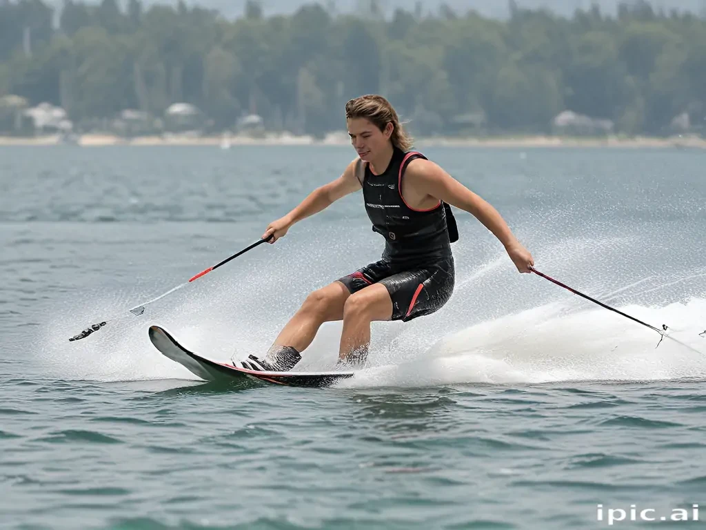 Dynamic Watersports Adventure: Young Athlete Skiing Across a Serene Lake