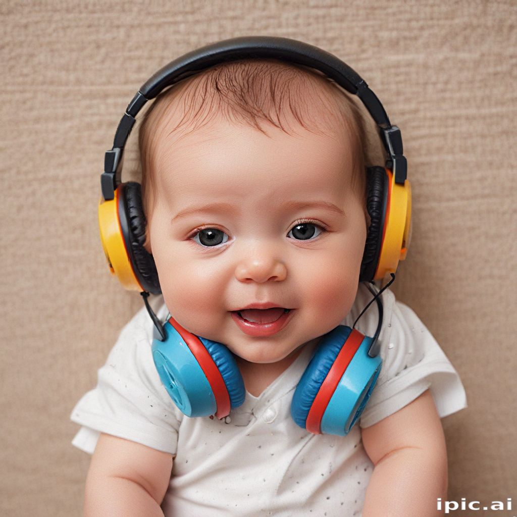 Adorable Baby Enjoying Music with Colorful Headphones and a Bright Smile