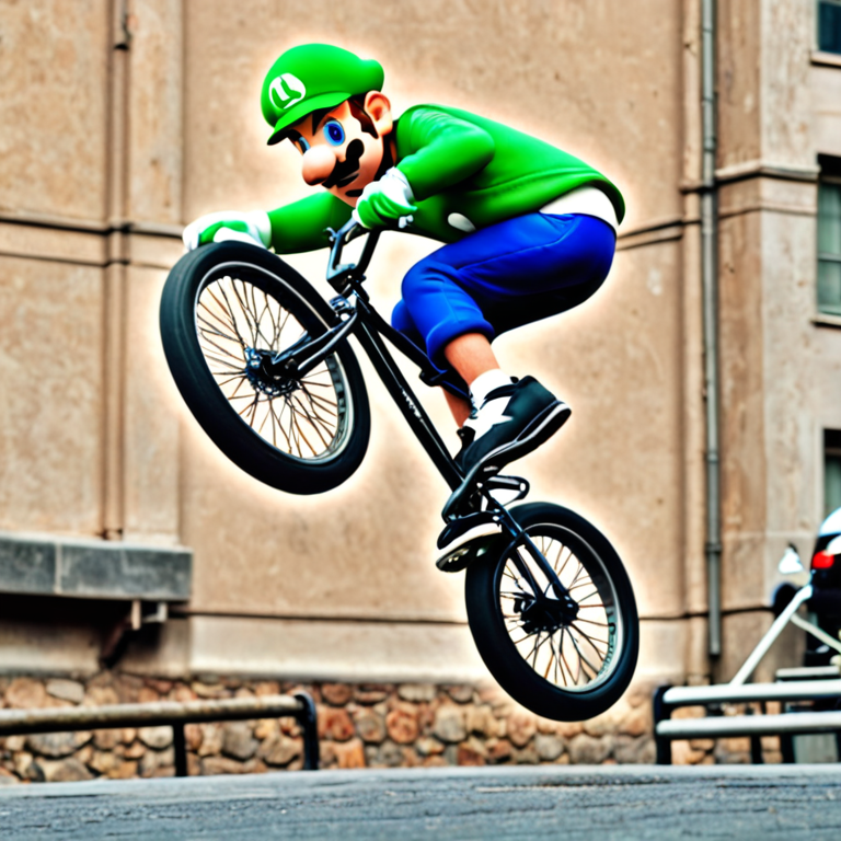 luigi on a bmx bike doing a flip