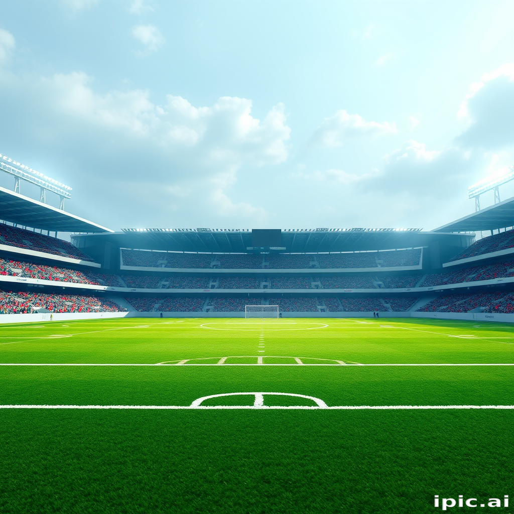 Vibrant Soccer Stadium Under Clear Blue Skies with Lush Green Grass