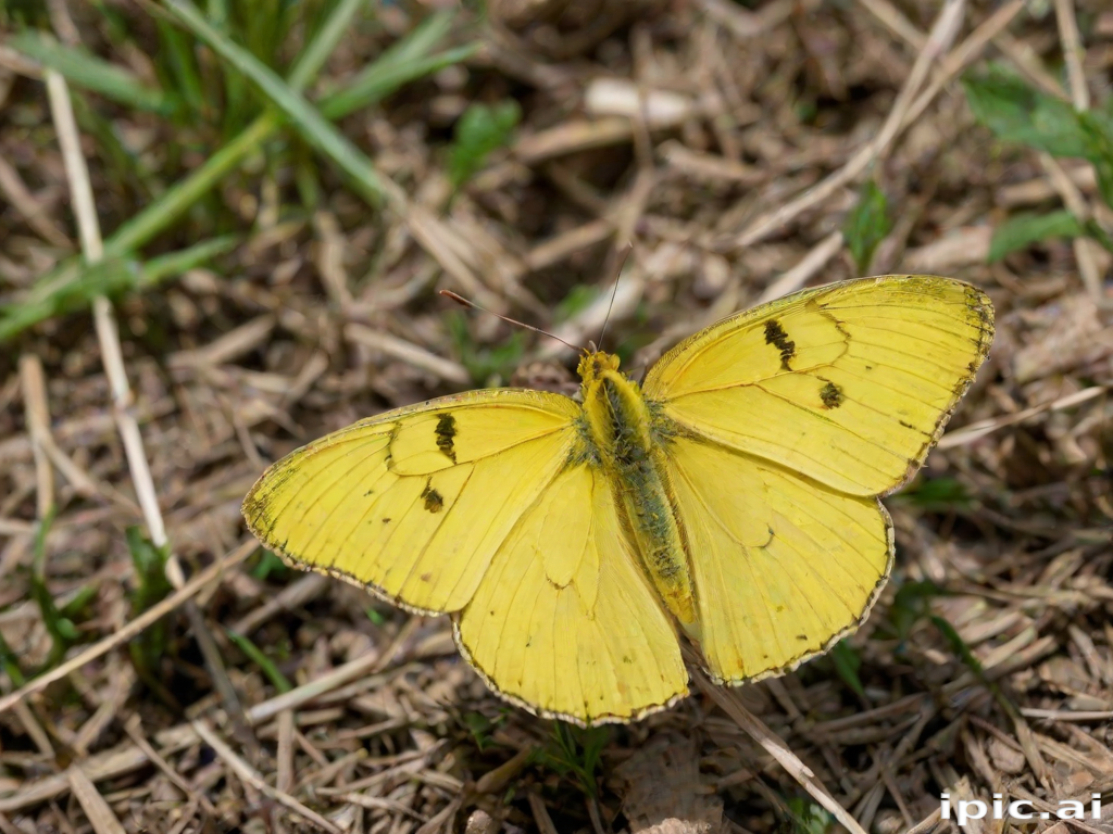 A Beautiful Yellow Butterfly Resting on Dry Grass in Nature.
