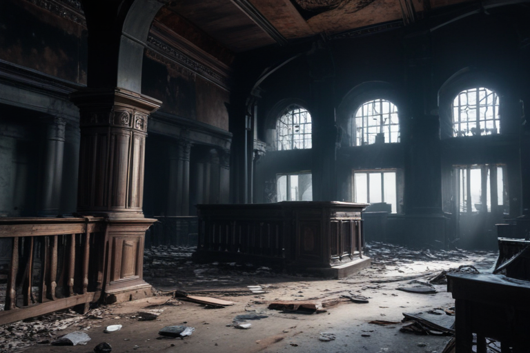 post-apocalyptic destroyed courtroom in the dark