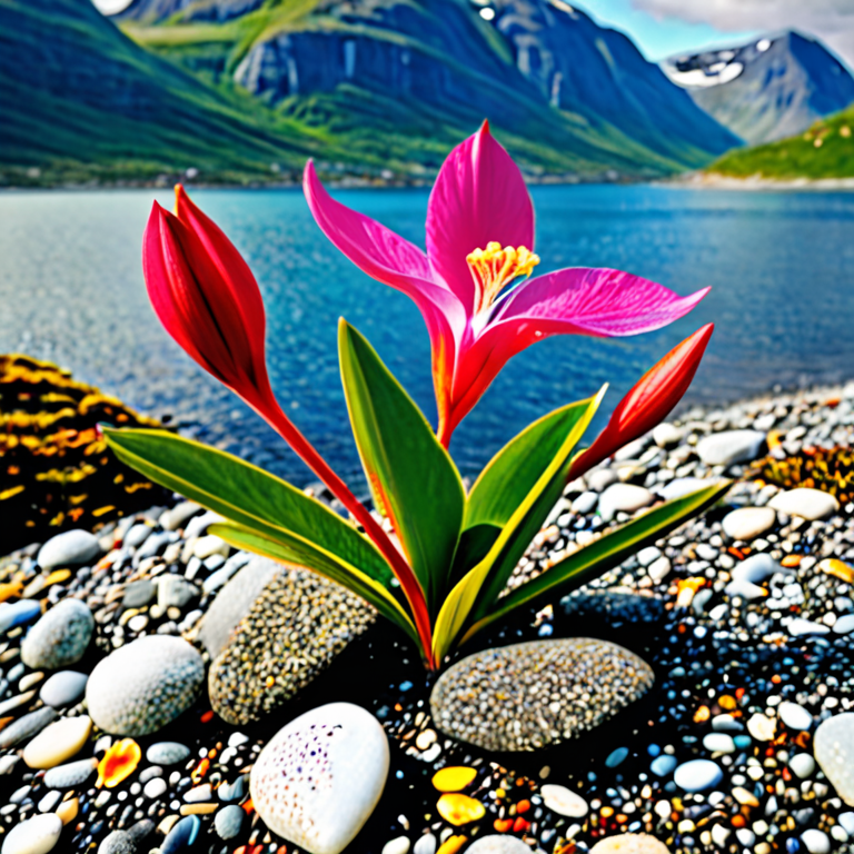 exotic flower at the shoreline i fjord photo in arctic Norway