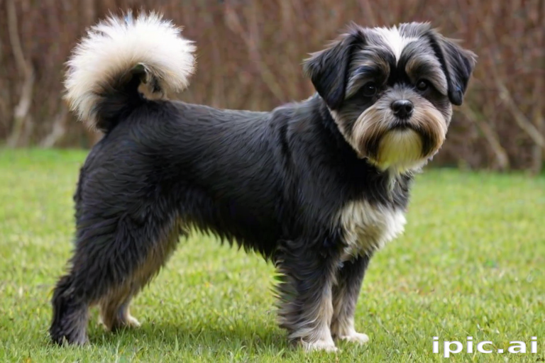 Adorable Small Dog with Fluffy Tail Standing Proudly in Green Grass.
