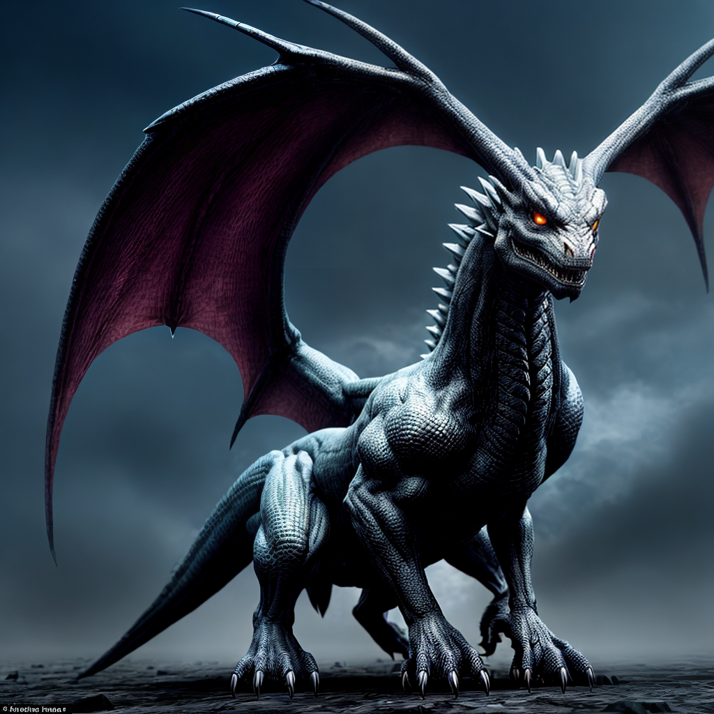 A dragon like entity with pitch black scales and a grim look on its face