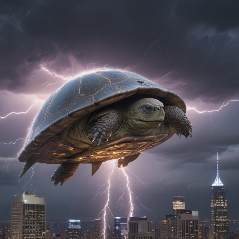hypersonic turtle, drawn as an alien mothership, lightning coming off ...