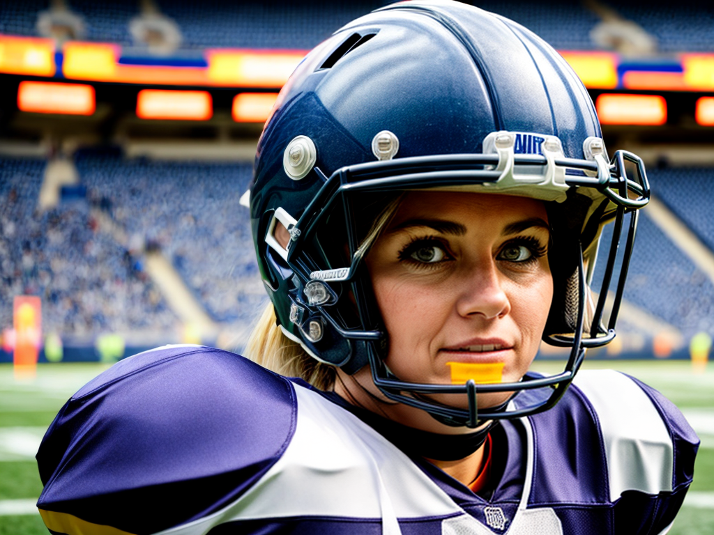 a woman in a football helmet staring at me