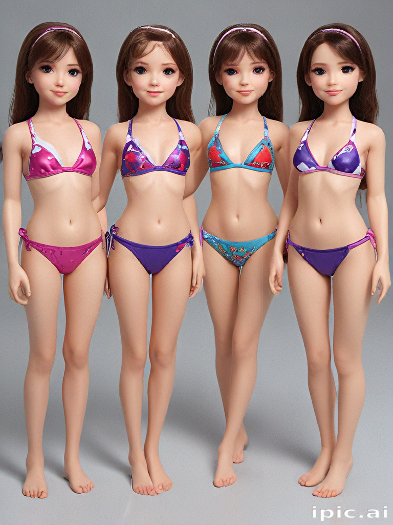 Collection Of Four Fashion Dolls In Colorful Bikinis Posing Together