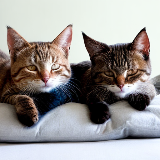 two cats sleeping on bed, one brown, one grey and white, 24 color image ...