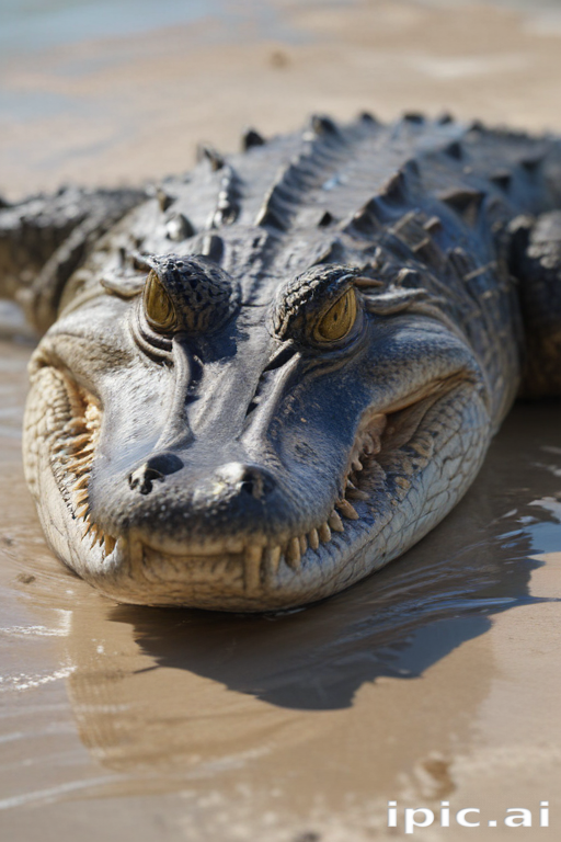 A Close-Up View of a Large Crocodile Resting on the Shore.