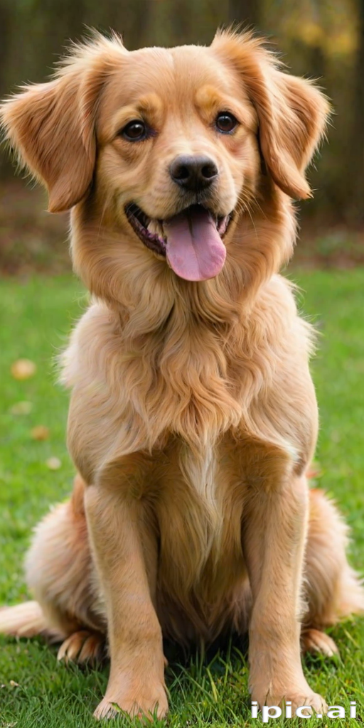 A Joyful Golden Dog Sitting Happily on a Lush Green Lawn.