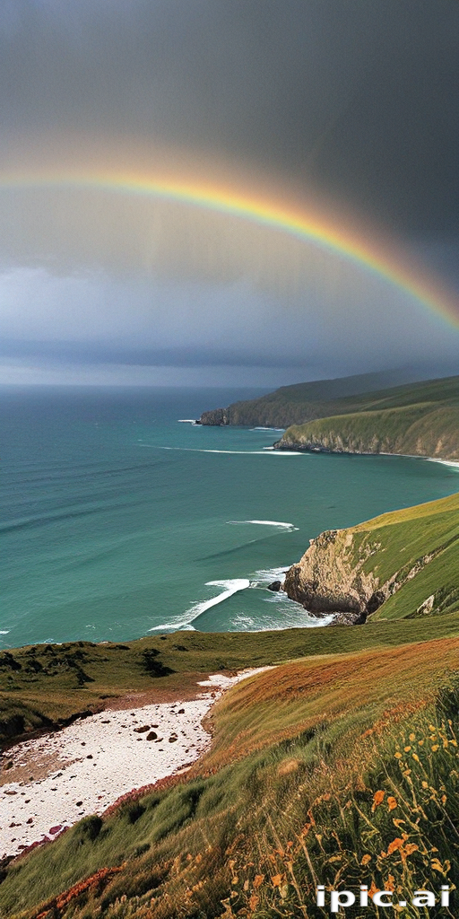 Stunning Coastal Landscape with a Vibrant Rainbow Over the Ocean