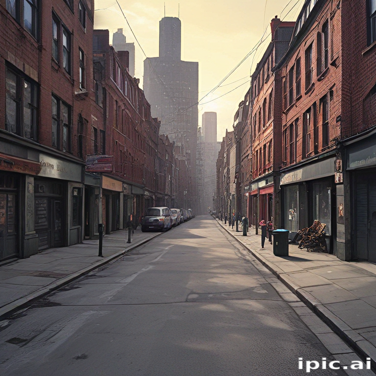 Quiet City Street at Dawn with Tall Buildings in the Background
