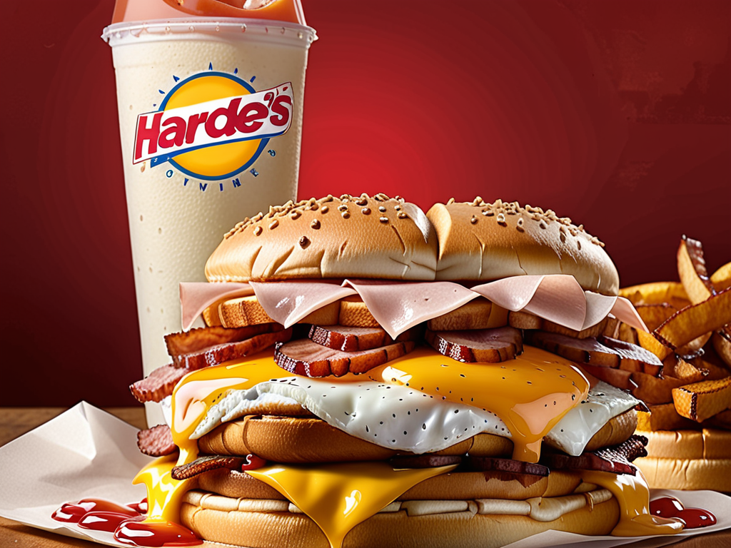 Indulgent Feast: A Delicious Hardee's Burger with Tasty Sides and Drink
