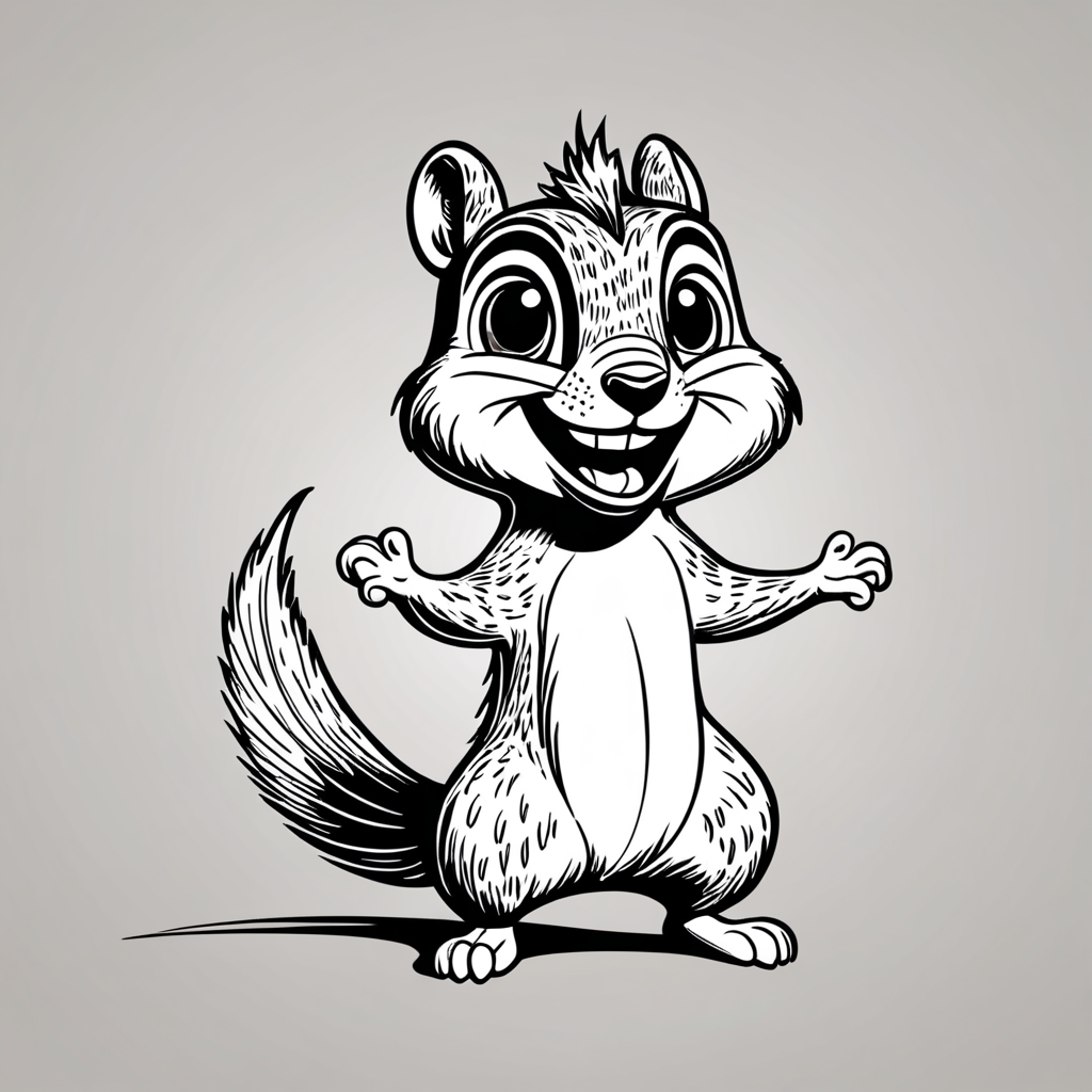simple line drawing of cartoon Pixar style happy, excited, funny squirl ...