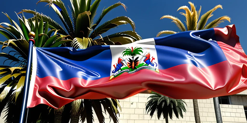 Vibrant Haitian Flag Waving Gracefully Among Lush Tropical Palm Trees