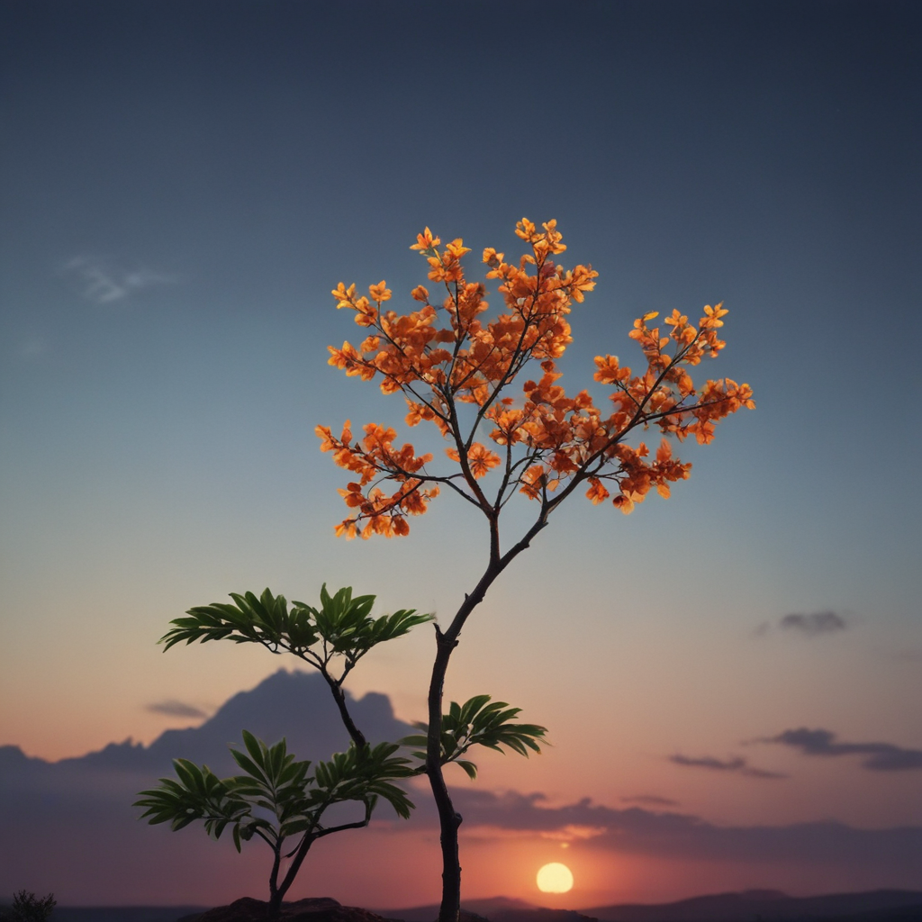 A Vibrant Sunset Behind a Blooming Tree with Orange Flowers.