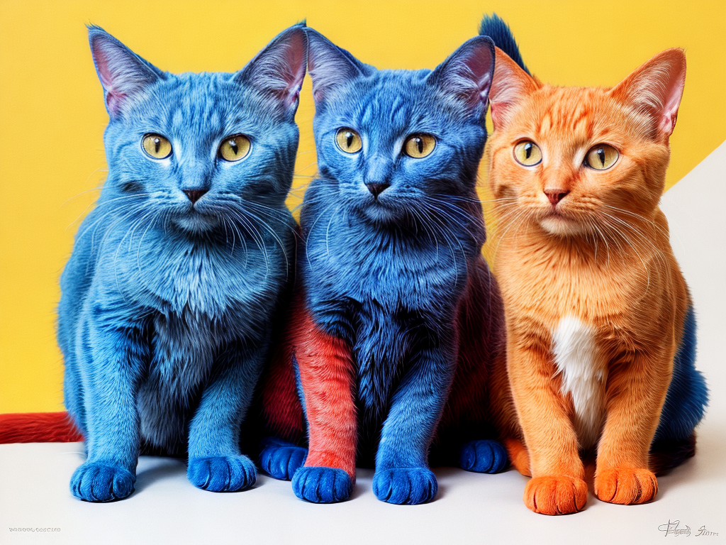 Blue, red and yellow cats