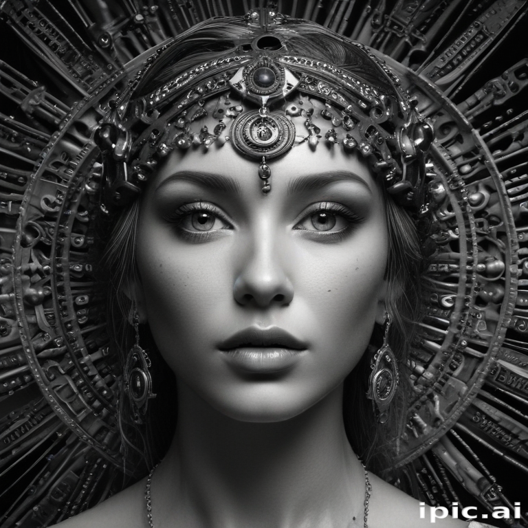 Striking Portrait of a Woman with Intricate Metallic Headpiece and Jewelry