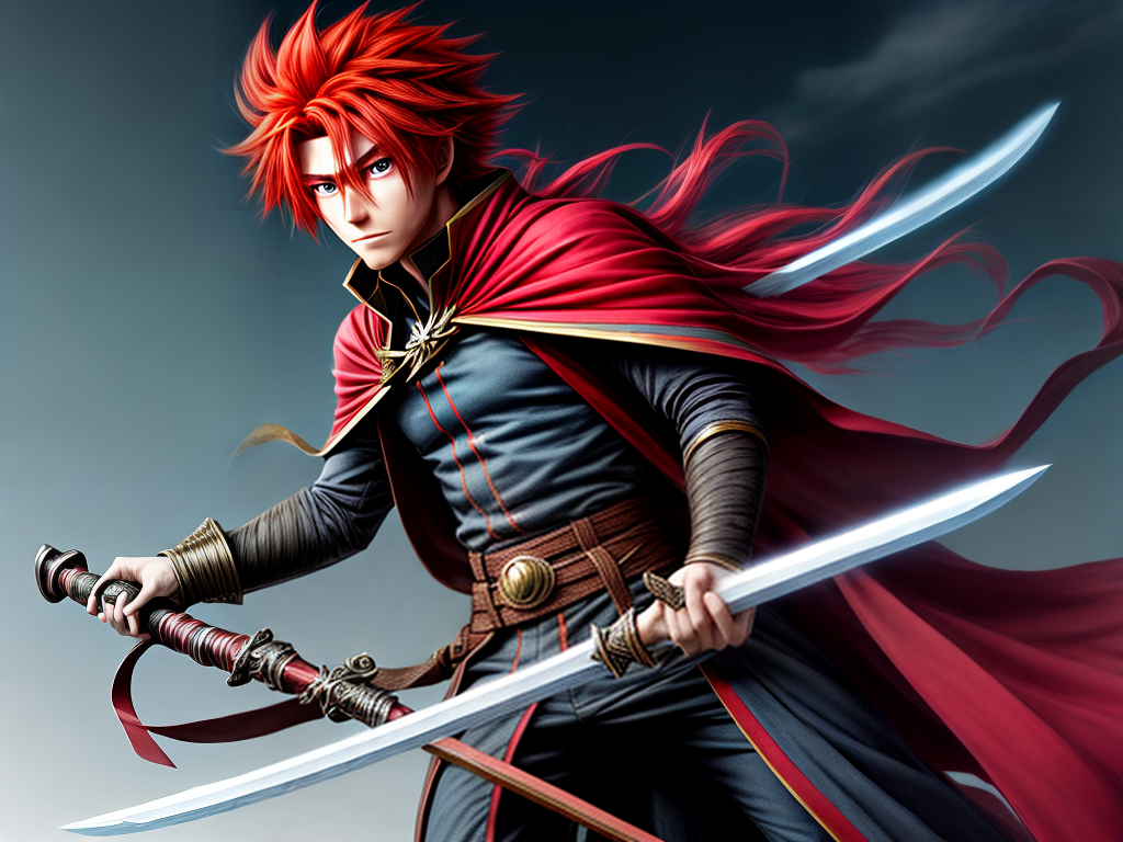 a wizard with masculine red hair, anime style, with an enchanted sword