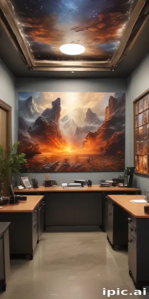 Creative Workspace with Stunning Cosmic Mural and Modern Office Furniture