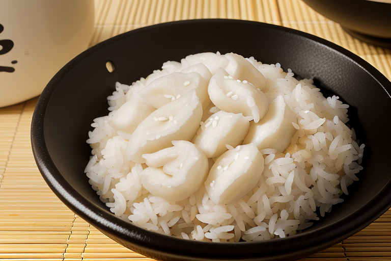 Delicious Bowl of Steamed Rice Topped with Chewy Dumplings and Sesame ...