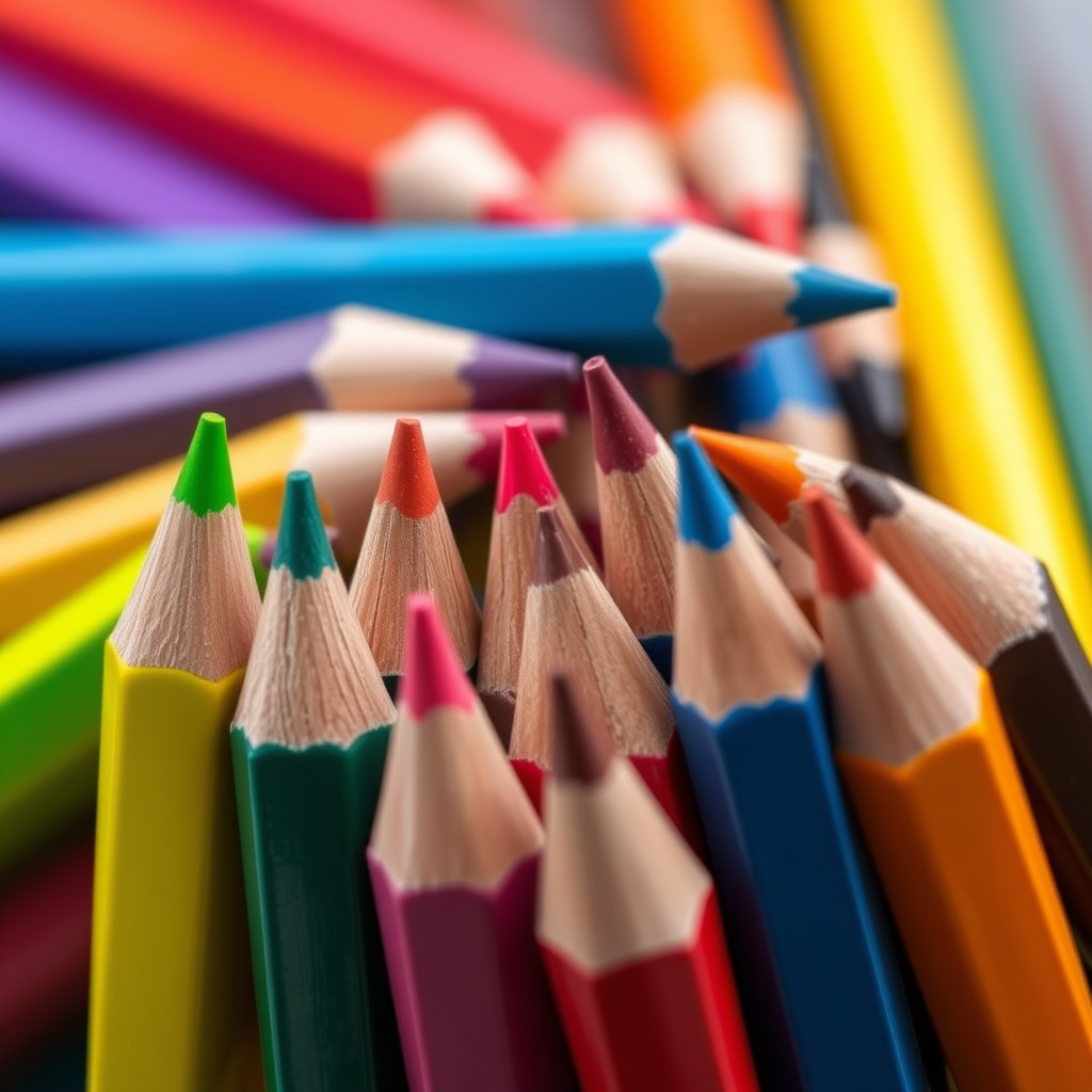 Close-up shot of a vibrant array of colored pencils arranged in a fan ...