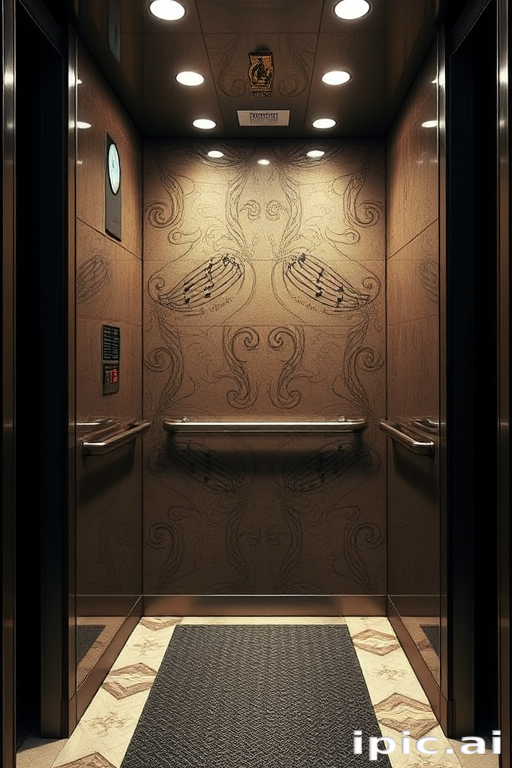 Elegant Elevator Interior Featuring Musical Notes and Artistic Wall Designs